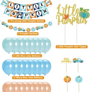 Mosailles Little Pumpkin Decorations Baby Shower Blue Pumpkin Banner Garland Gold Glittery Pumpkin Cake Toppers Latex Balloons for Fall Birthday Thanksgiving Party Decorations Supplies