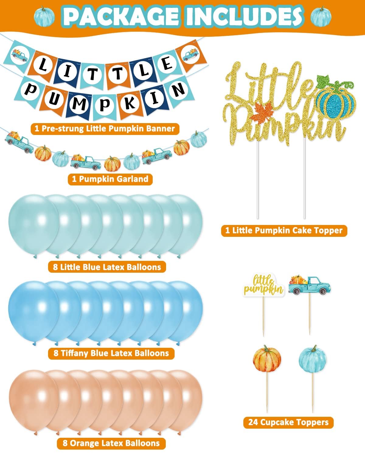 Mosailles Little Pumpkin Decorations Baby Shower Blue Pumpkin Banner Garland Gold Glittery Pumpkin Cake Toppers Latex Balloons for Fall Birthday Thanksgiving Party Decorations Supplies