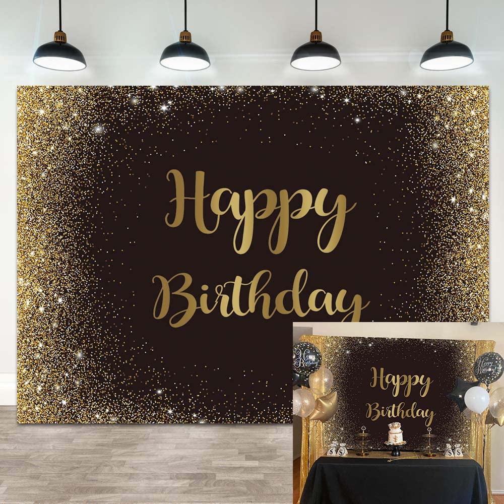 Black Gold Happy Birthday Backdrop Gold Glitter Spots Photography Background Adults Man Boy Birthday Party Table Wall Decoration Photo Shoot Booth Studio Props 7x5FT