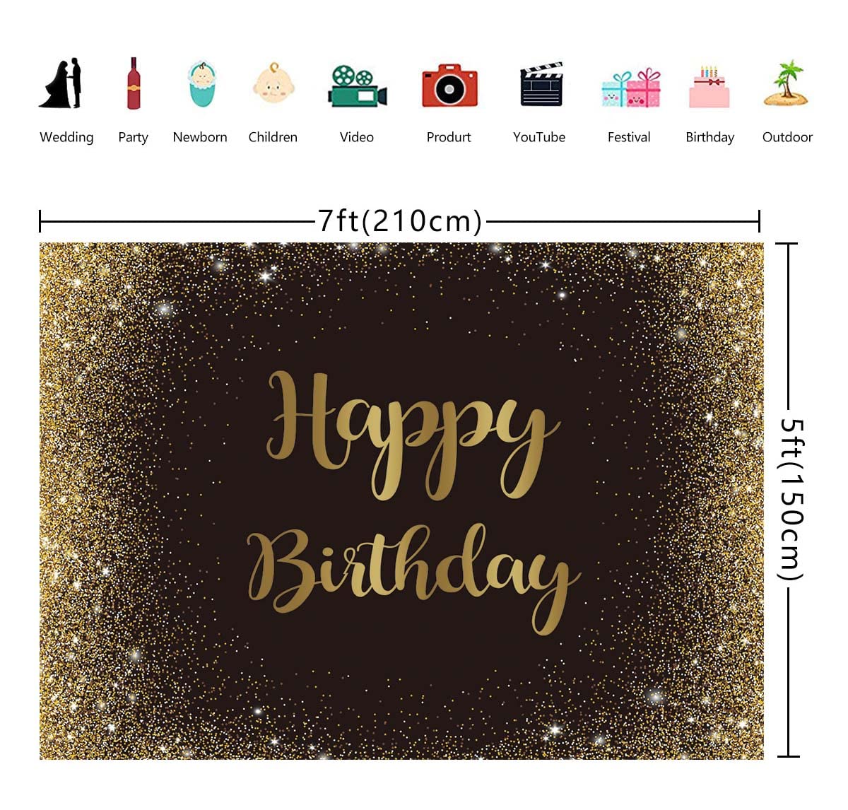 Black Gold Happy Birthday Backdrop Gold Glitter Spots Photography Background Adults Man Boy Birthday Party Table Wall Decoration Photo Shoot Booth Studio Props 7x5FT