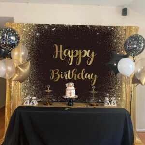 Black Gold Happy Birthday Backdrop Gold Glitter Spots Photography Background Adults Man Boy Birthday Party Table Wall Decoration Photo Shoot Booth Studio Props 7x5FT