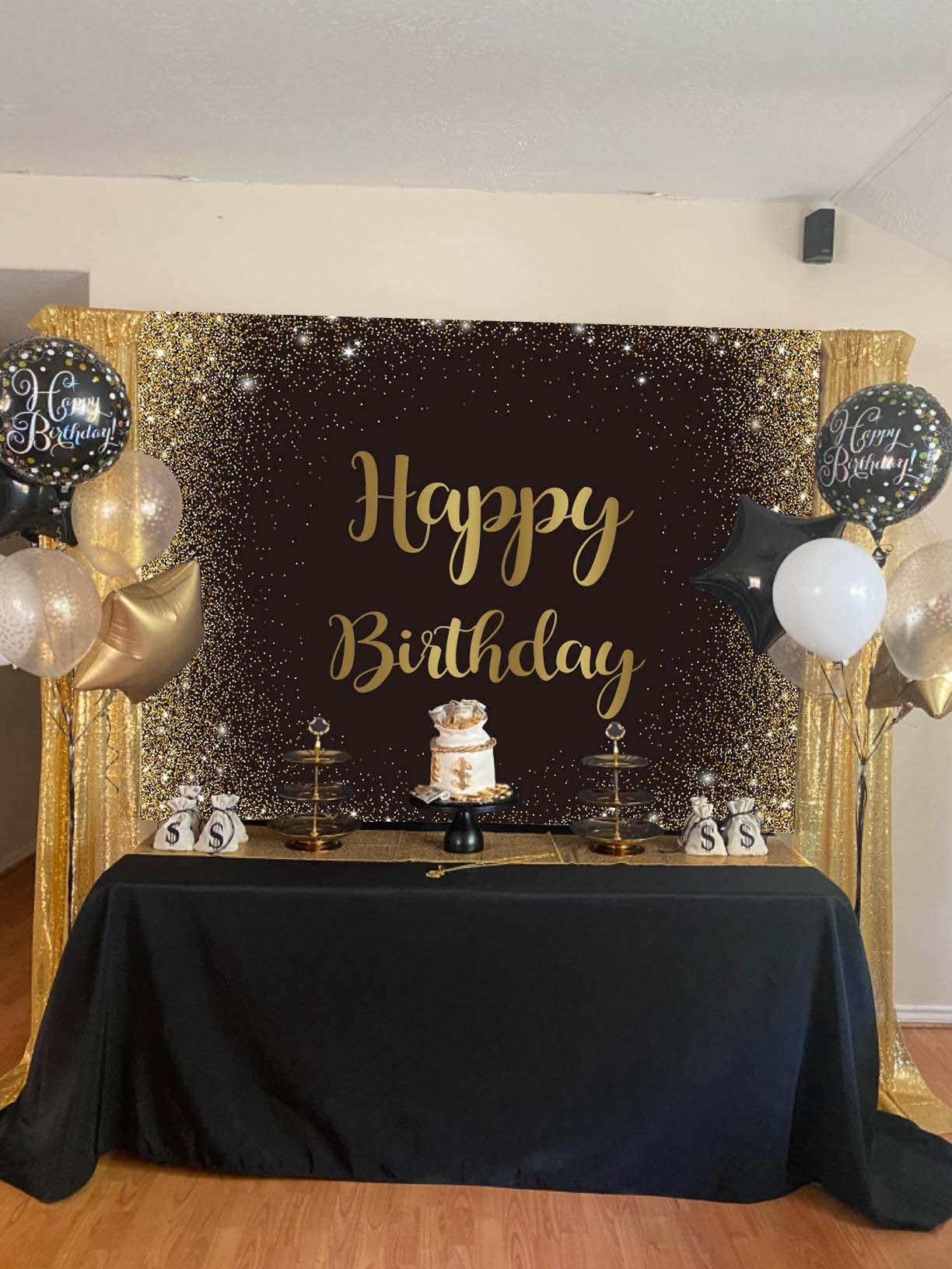 Black Gold Happy Birthday Backdrop Gold Glitter Spots Photography Background Adults Man Boy Birthday Party Table Wall Decoration Photo Shoot Booth Studio Props 7x5FT