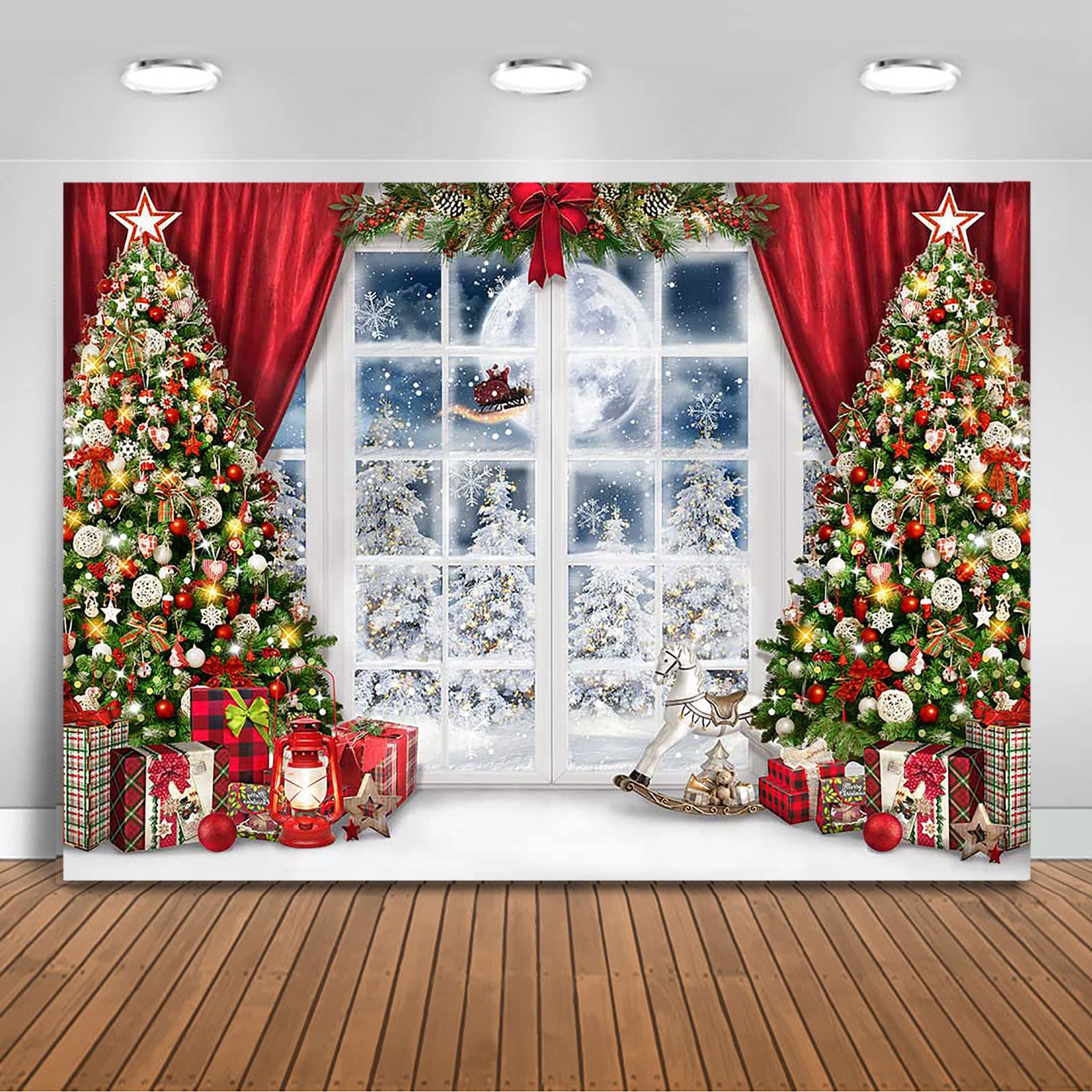 Mocsicka Christmas Window Backdrop for Photography Winter Xmas Trees Merry Christmas Party Decorations Photo Backdrops Xmas Night Santa Claus Photography Background (10x8ft)