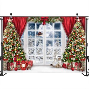 Mocsicka Christmas Window Backdrop for Photography Winter Xmas Trees Merry Christmas Party Decorations Photo Backdrops Xmas Night Santa Claus Photography Background (10x8ft)