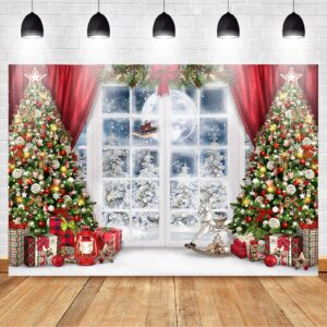 Mocsicka Christmas Window Backdrop for Photography Winter Xmas Trees Merry Christmas Party Decorations Photo Backdrops Xmas Night Santa Claus Photography Background (10x8ft)