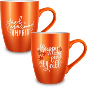 funtery 2 pcs fall autumn coffee mugs pumpkins mugs cups happy fall y'all coffee mug good morning pumpkin cup camp mug campfire mug thanksgiving ceramic cup for home women men mom dad (orange)