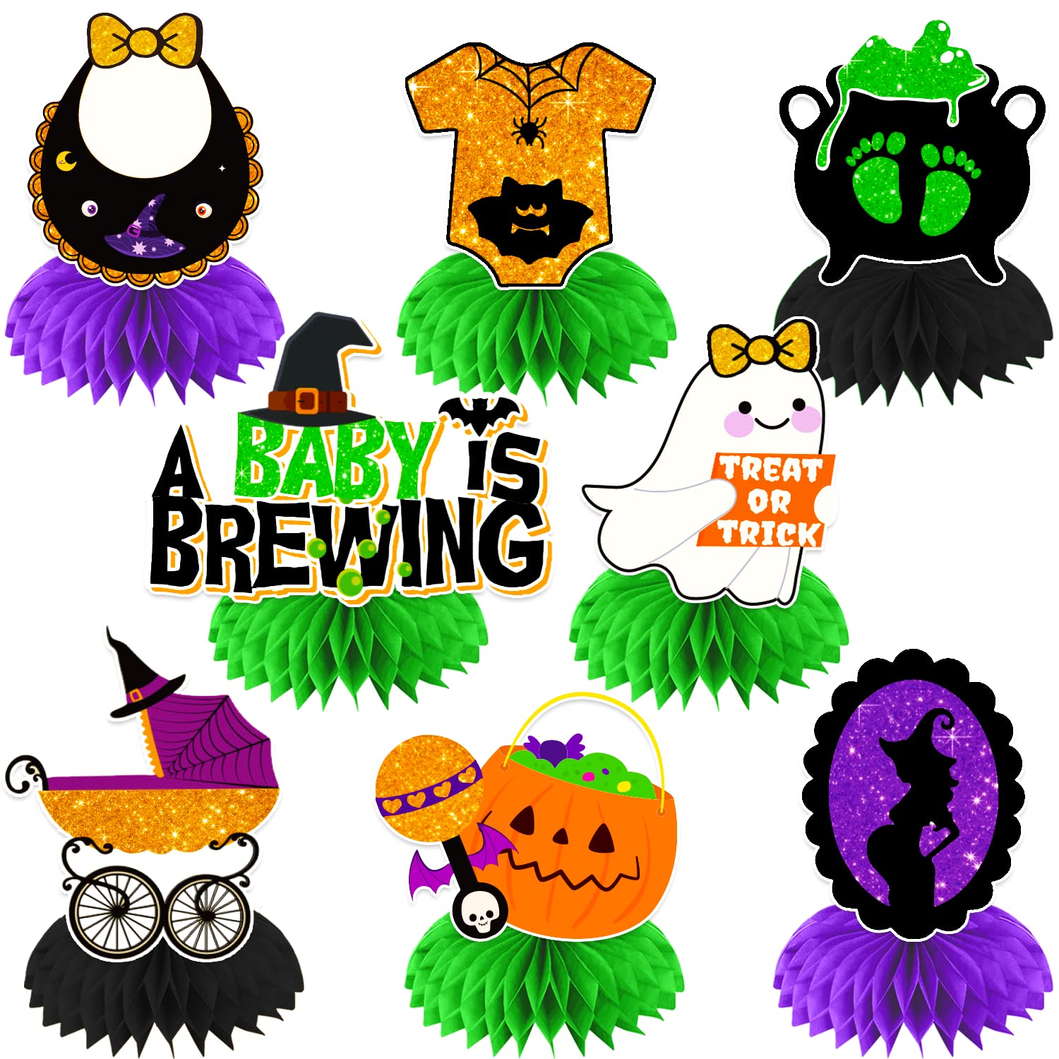 8pcs A Baby is Brewing Halloween Table Centerpiece, A Baby is Brewing Baby Shower Decorations Black Purple Ghost Witch Halloween Honeycomb Centerpieces for Gender Reveal Baptism Party cocomigo