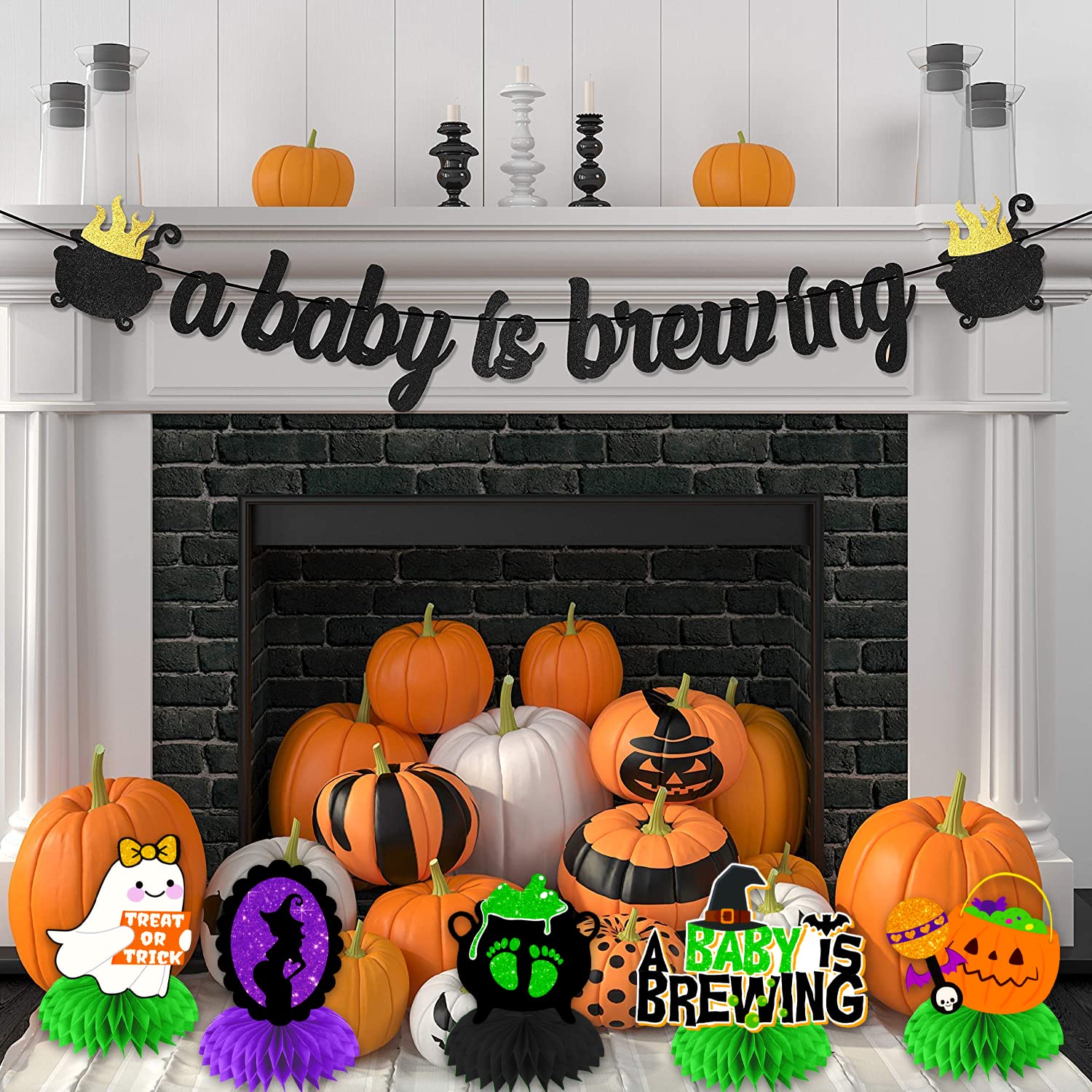 8pcs A Baby is Brewing Halloween Table Centerpiece, A Baby is Brewing Baby Shower Decorations Black Purple Ghost Witch Halloween Honeycomb Centerpieces for Gender Reveal Baptism Party cocomigo