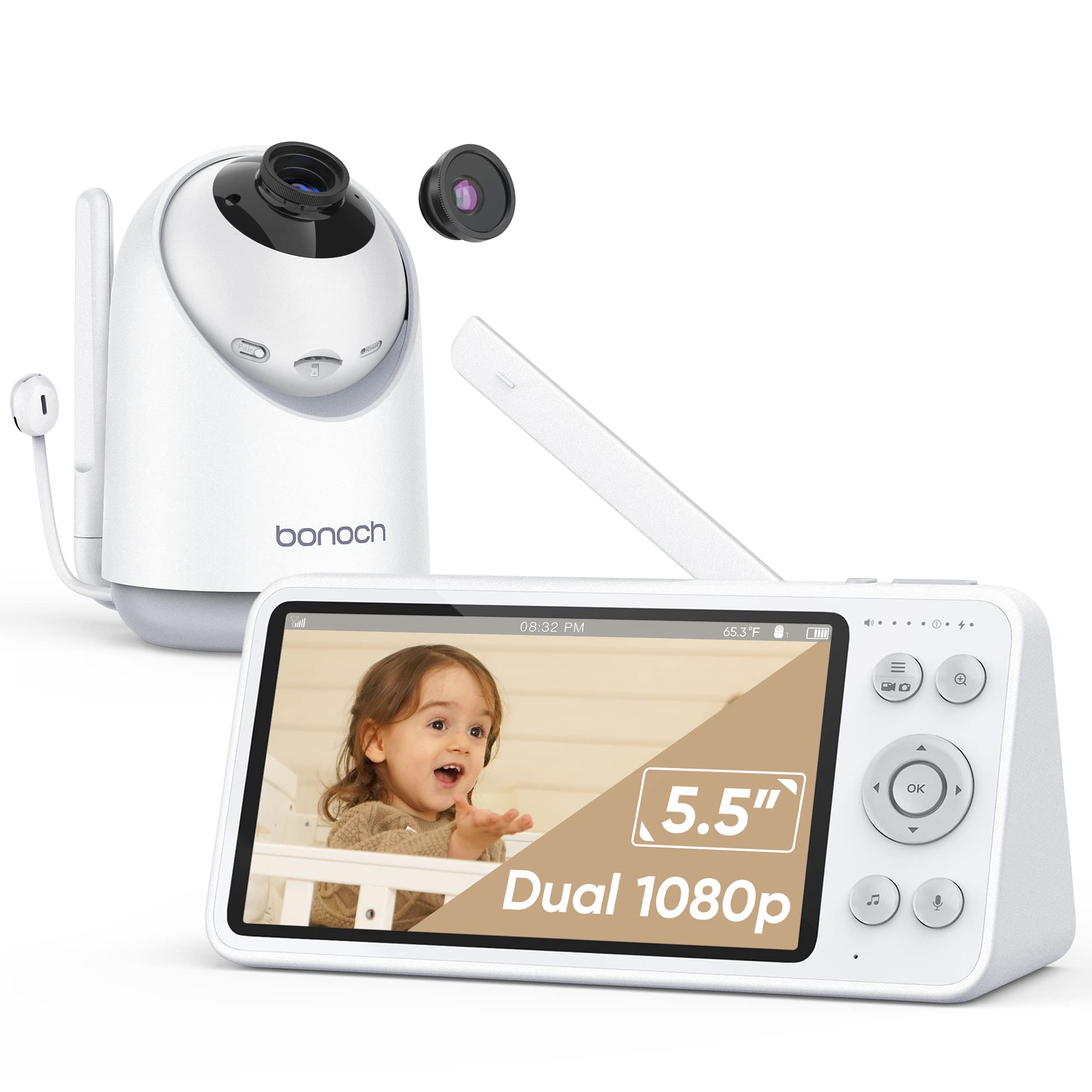 bonoch Video Baby Monitor No WiFi, Local Storage+Playback, 1080p HD Camera&Display, Baby Monitor with Camera and Audio, 7800mAh, 1800ft Range, Motion&Sound Detection, Hack-Proof, Additional 110° Lens