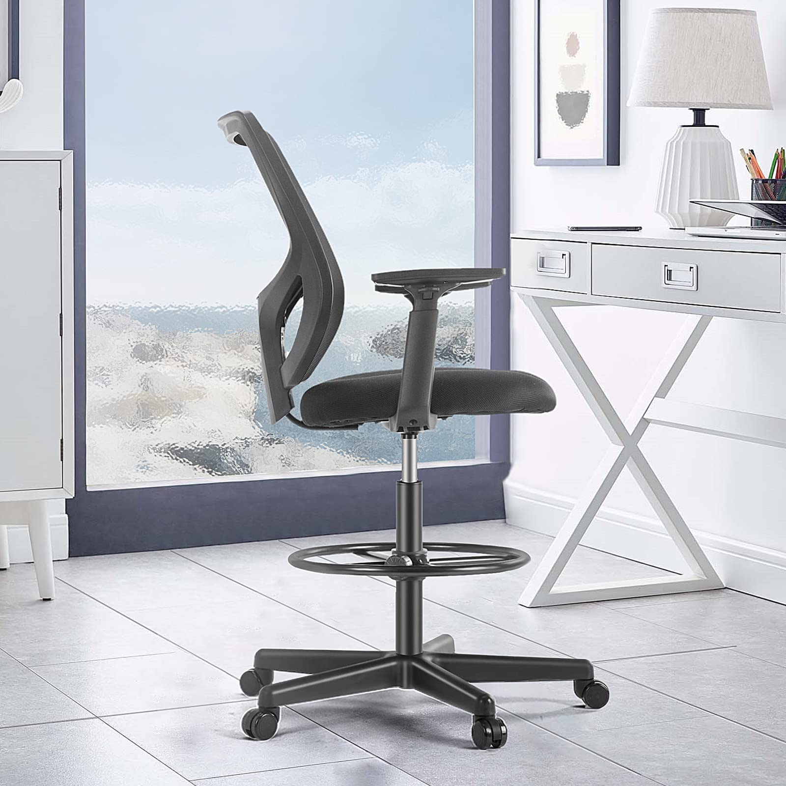 Drafting Chair - Ergonomic High Adjustable Standing Office Chair, Mesh Desk Chair with Adjustable Armrests and Foot-Ring for Standing Desk Computer Chair for Adults