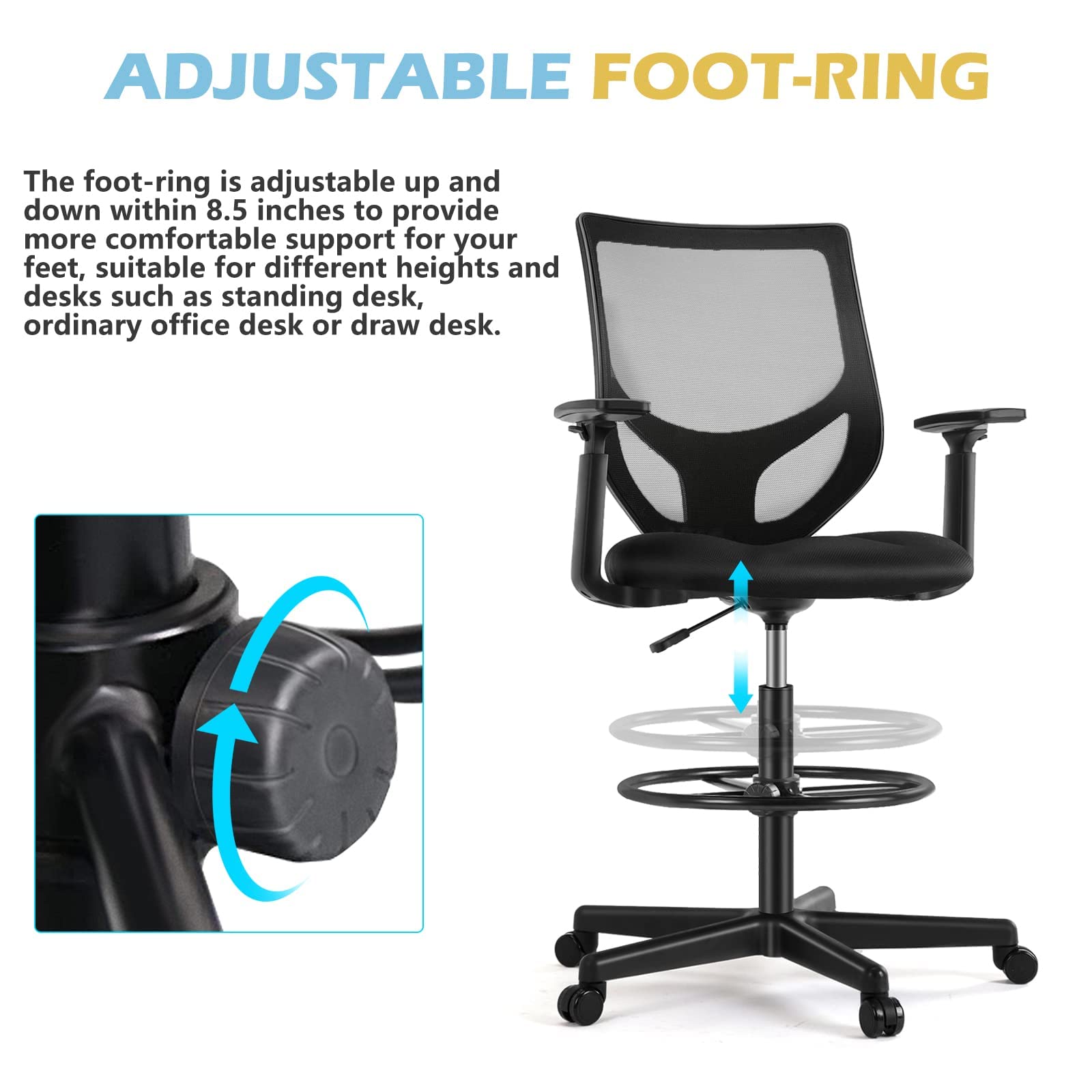 Drafting Chair - Ergonomic High Adjustable Standing Office Chair, Mesh Desk Chair with Adjustable Armrests and Foot-Ring for Standing Desk Computer Chair for Adults