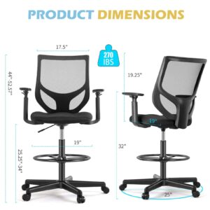 Drafting Chair - Ergonomic High Adjustable Standing Office Chair, Mesh Desk Chair with Adjustable Armrests and Foot-Ring for Standing Desk Computer Chair for Adults