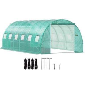 vevor walk-in tunnel greenhouse, 20 x 10 x 7 ft portable plant hot house w/zippered door, 12 roll-up windows, galvanized steel hoops, 3 top beam, and 4 diagonal poles, green