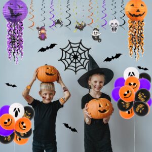 93Pcs Halloween Party Decorations, Halloween Birthday Party Decorations Set Including Happy Halloween Banner Wire Lanterns Glow Tattoos Photo Props Spiders Balloons Hanging Swirls Bats Tassels