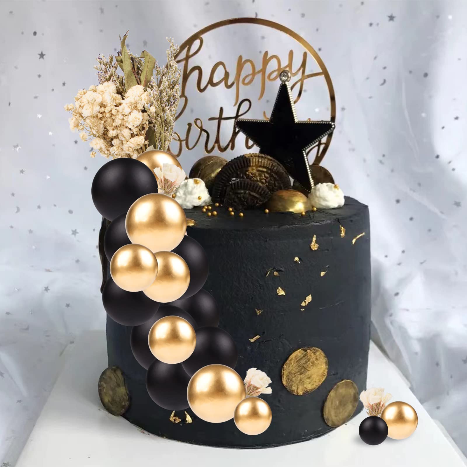 33 PCS Mini Ball Cake Topper Cupcake Insert Acrylic Cake Topper Artificial Dried Flowers Cake Decorations for Anniversary Graduation Birthday Party Baby Shower (Black, Gold)