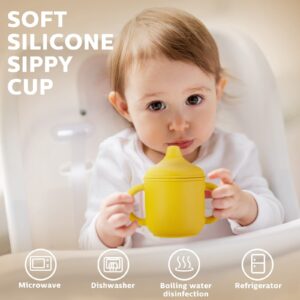 2 Pieces Silicone Sippy Cup Training Cup for Baby 6 months+ Soft Baby Cup with Straw Spill Proof Sippy Cups for Toddlers with Handles and Spout Lid Easy Grip 5oz (Light Pink, Khaki, Cute Style)