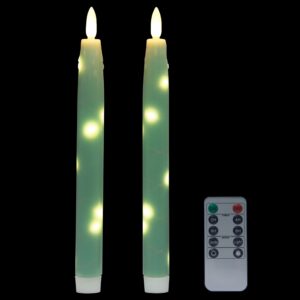 hvtdecor flameless flickering taper candles battery operated with embedded string lights, wtih timer and remote, led real wax tapered dinner candle set of 2 (green)