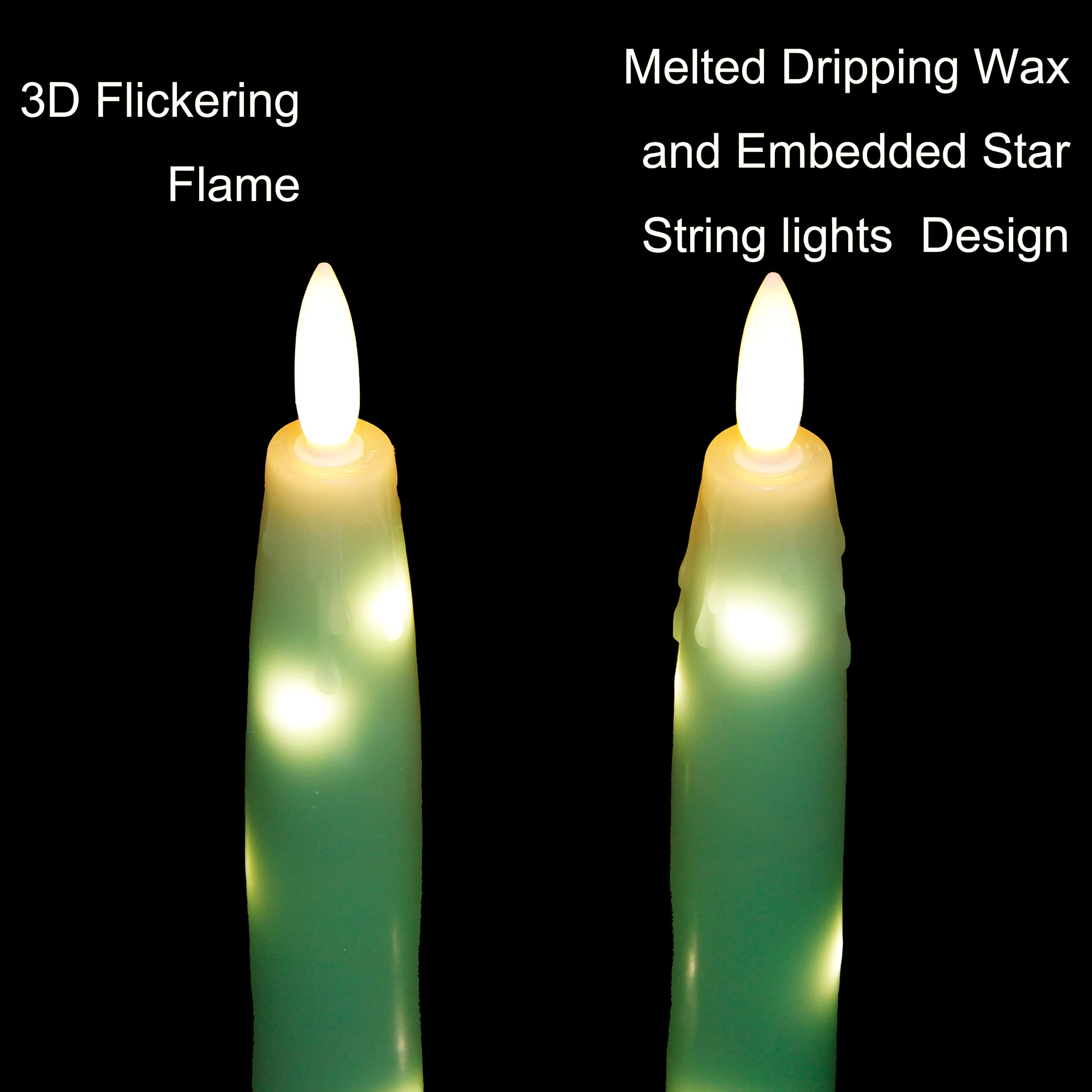 HVTDECOR Flameless Flickering Taper Candles Battery Operated with Embedded String Lights, wtih Timer and Remote, LED Real Wax Tapered Dinner Candle Set of 2 (Green)