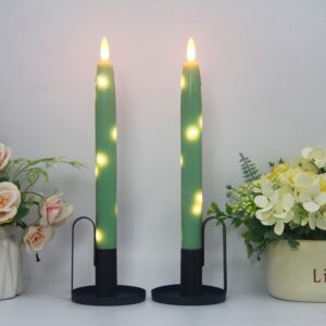 HVTDECOR Flameless Flickering Taper Candles Battery Operated with Embedded String Lights, wtih Timer and Remote, LED Real Wax Tapered Dinner Candle Set of 2 (Green)