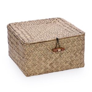 Hipiwe Wicker Shelf Baskets Bin with Lid Handwoven Seagrass Storage Basket Container Square Multipurpose Household Basket Boxes for Shelves and Home Organizer, Coffee Small