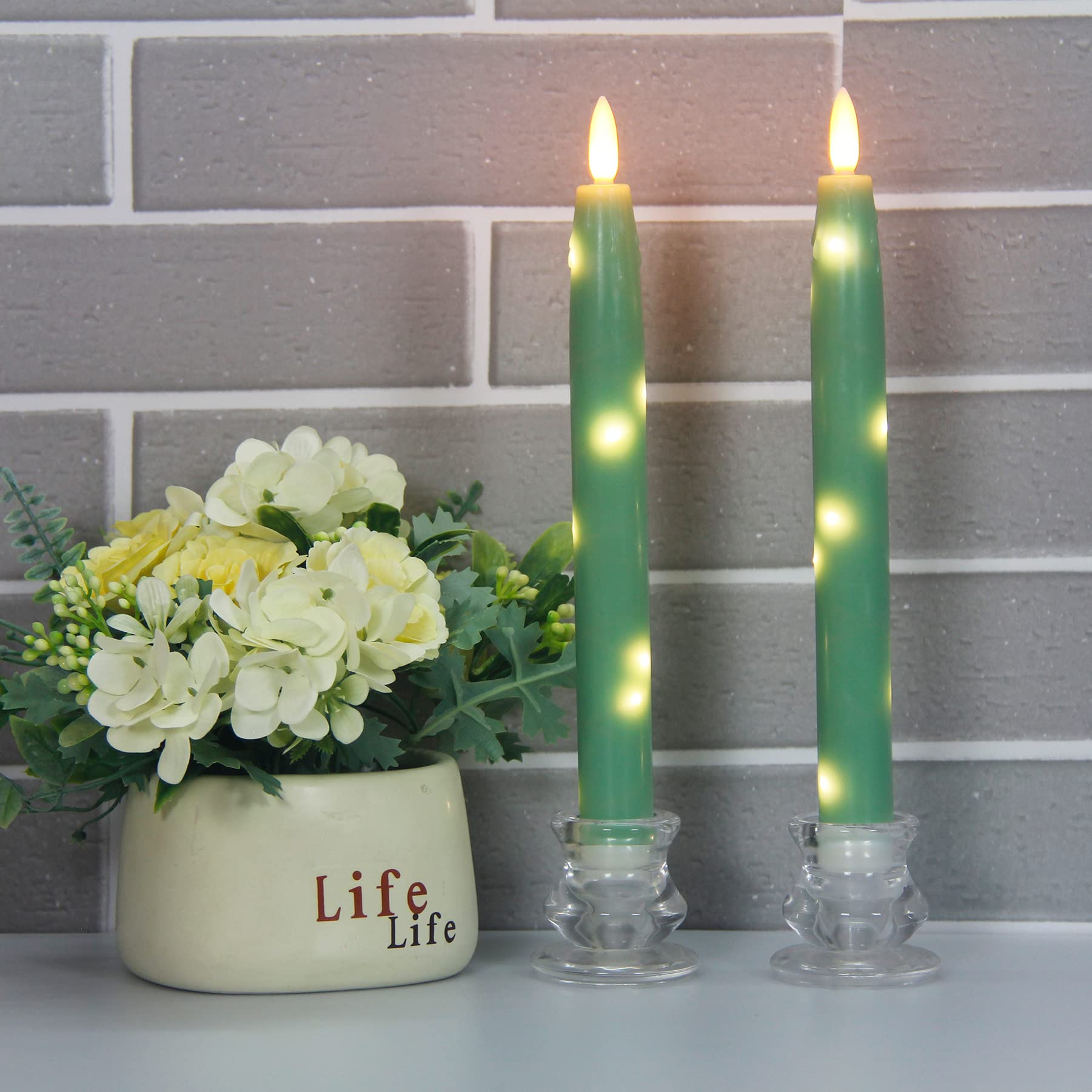 HVTDECOR Flameless Flickering Taper Candles Battery Operated with Embedded String Lights, wtih Timer and Remote, LED Real Wax Tapered Dinner Candle Set of 2 (Green)