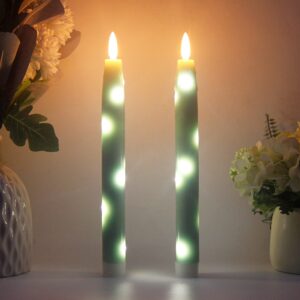 HVTDECOR Flameless Flickering Taper Candles Battery Operated with Embedded String Lights, wtih Timer and Remote, LED Real Wax Tapered Dinner Candle Set of 2 (Green)