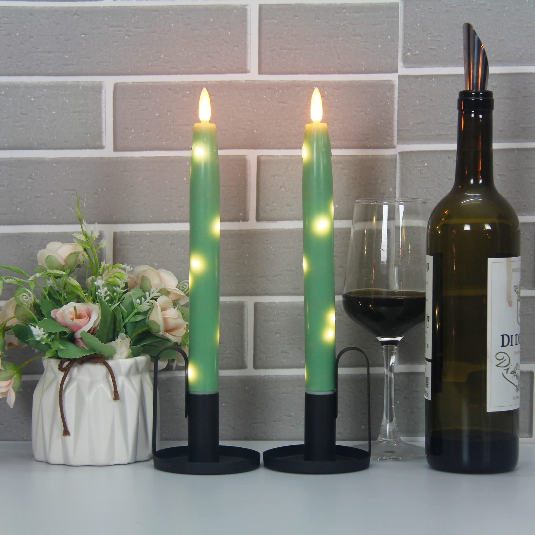 HVTDECOR Flameless Flickering Taper Candles Battery Operated with Embedded String Lights, wtih Timer and Remote, LED Real Wax Tapered Dinner Candle Set of 2 (Green)