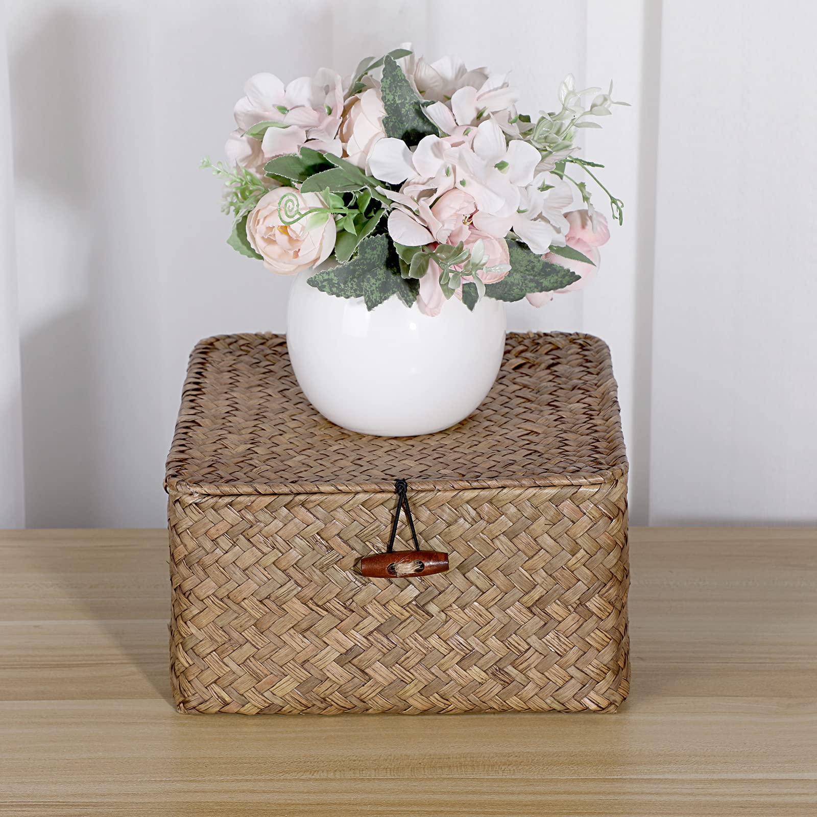 Hipiwe Wicker Shelf Baskets Bin with Lid Handwoven Seagrass Storage Basket Container Square Multipurpose Household Basket Boxes for Shelves and Home Organizer, Coffee Small