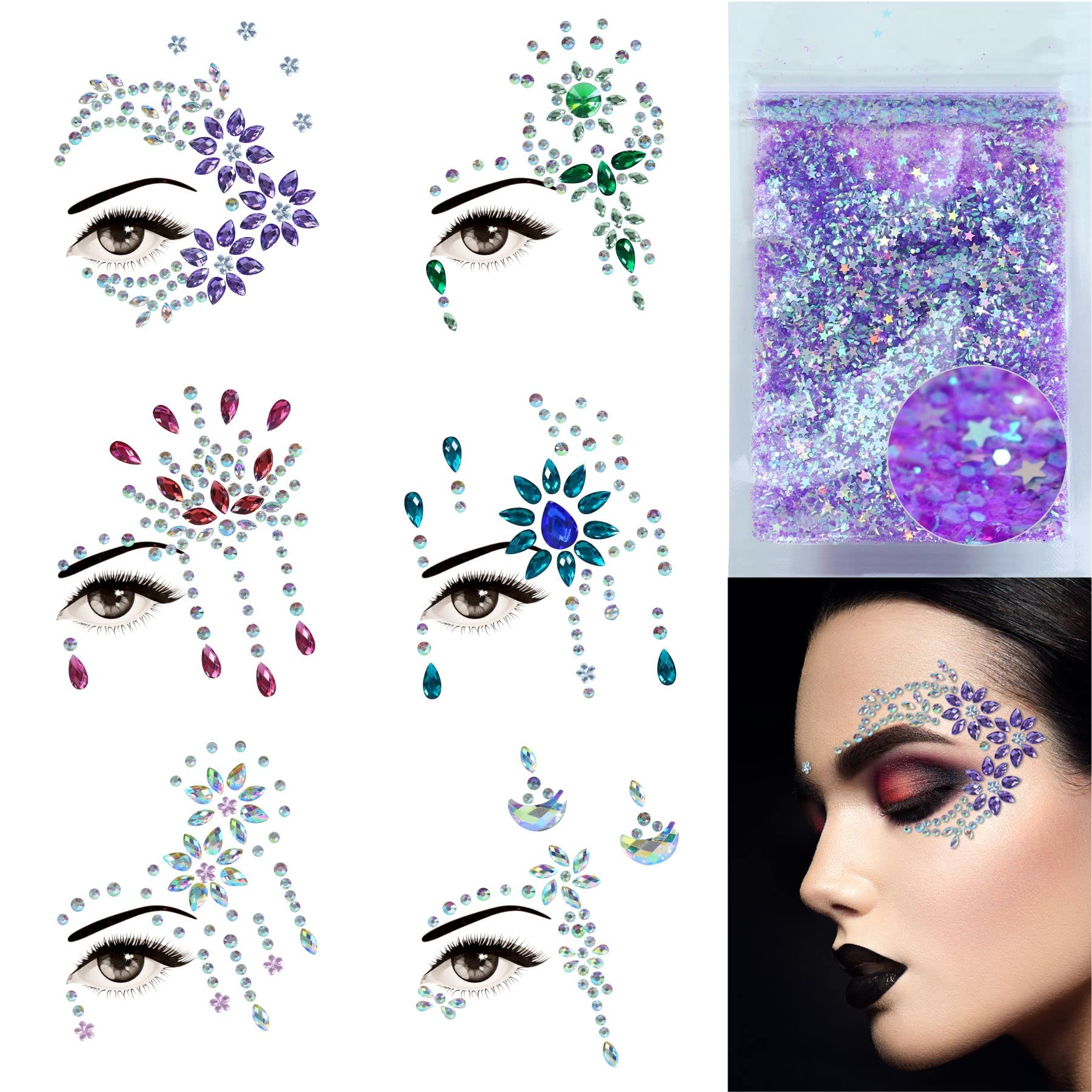 Face Jewels-6Sheets Face Gems Stick On+10g Chunky Glitter, Face Jewelry Rhinestones Crystals Stickers-Fairy Euphoria Eye Body Makeup Rave Clothes Festival Outfit Accessories Teen Girl Gifts