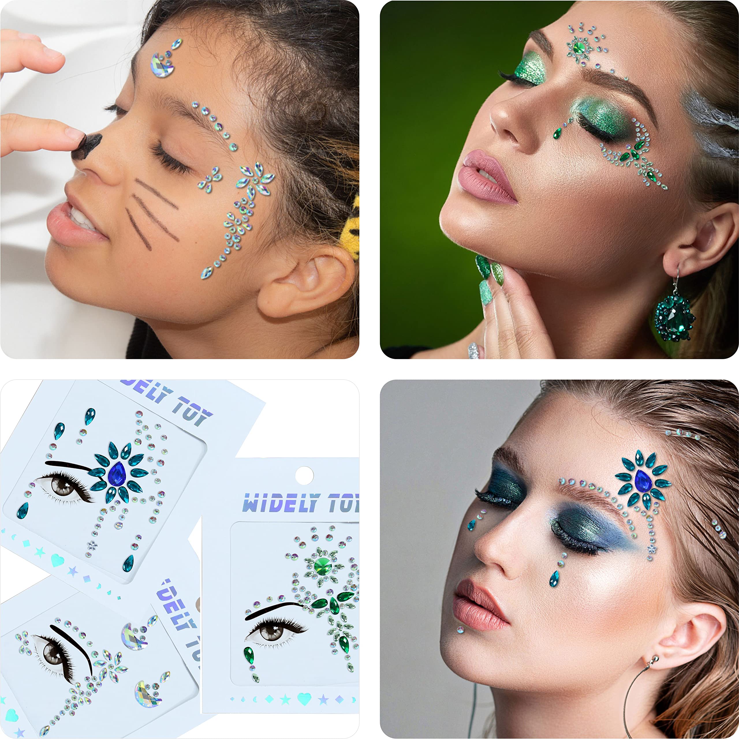 Face Jewels-6Sheets Face Gems Stick On+10g Chunky Glitter, Face Jewelry Rhinestones Crystals Stickers-Fairy Euphoria Eye Body Makeup Rave Clothes Festival Outfit Accessories Teen Girl Gifts