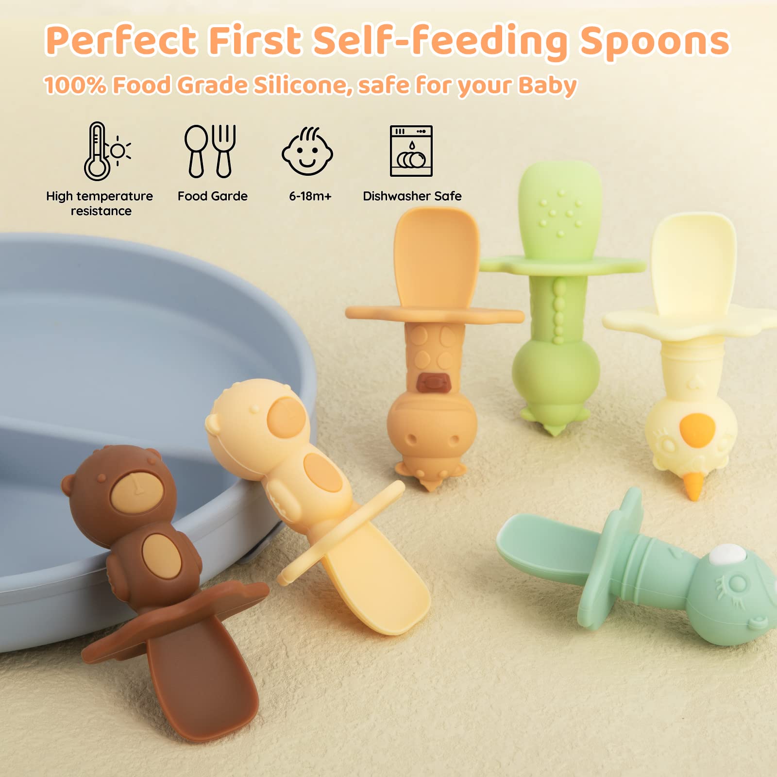 Baby Spoons - First +Second Stage Baby Led Weaning Spoons - Anti-Choke Toddler Utensils - Food Grade Soft Silicone, Self feeding Spoons for Ages 6 Months+ (Rainbow)