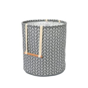 household essentials round krush hamper with wood dowel handles, gray chevron