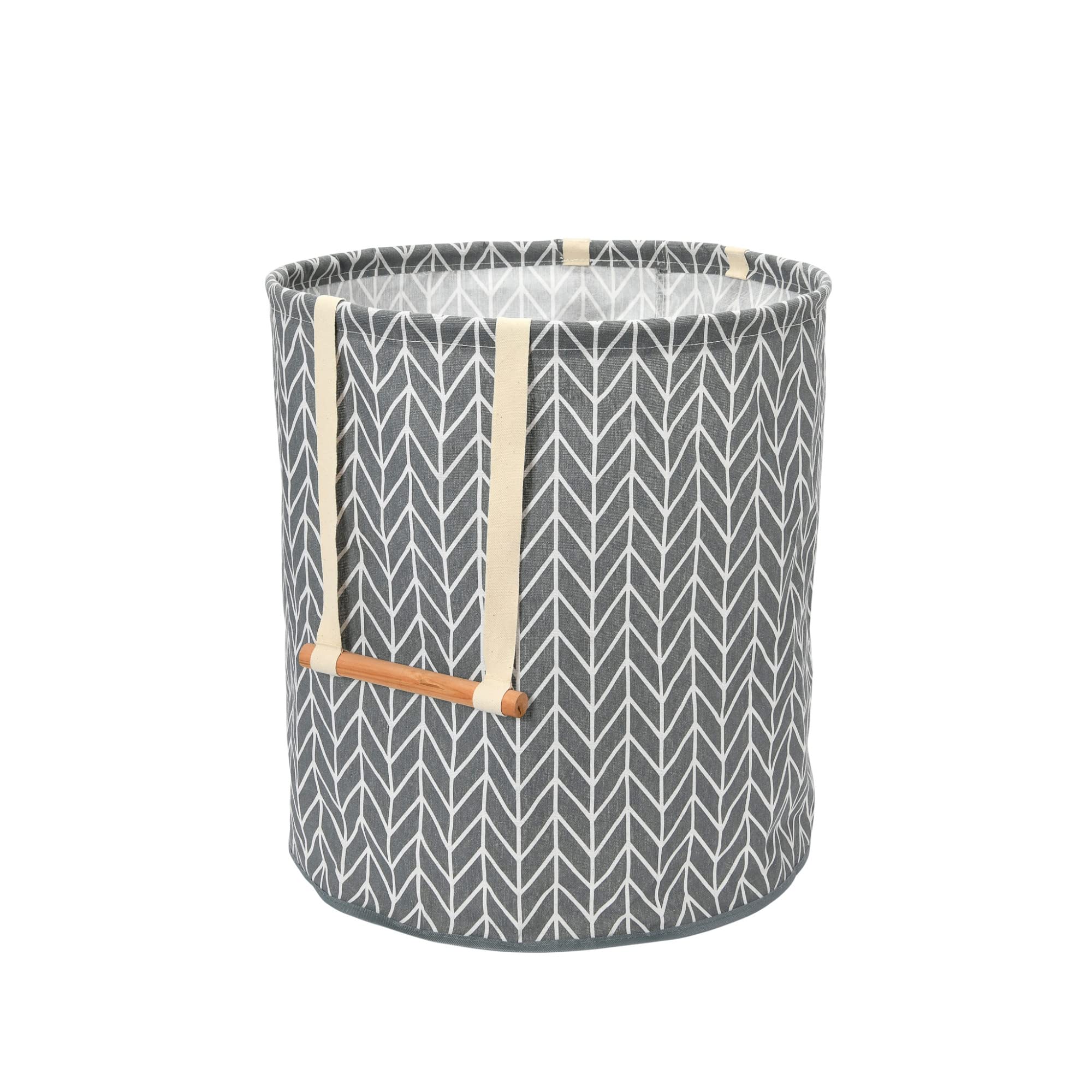 Household Essentials Round Krush Hamper with Wood Dowel Handles, Gray Chevron