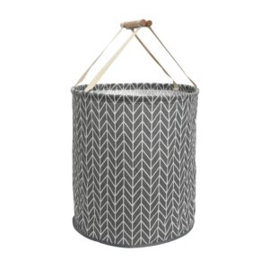 Household Essentials Round Krush Hamper with Wood Dowel Handles, Gray Chevron