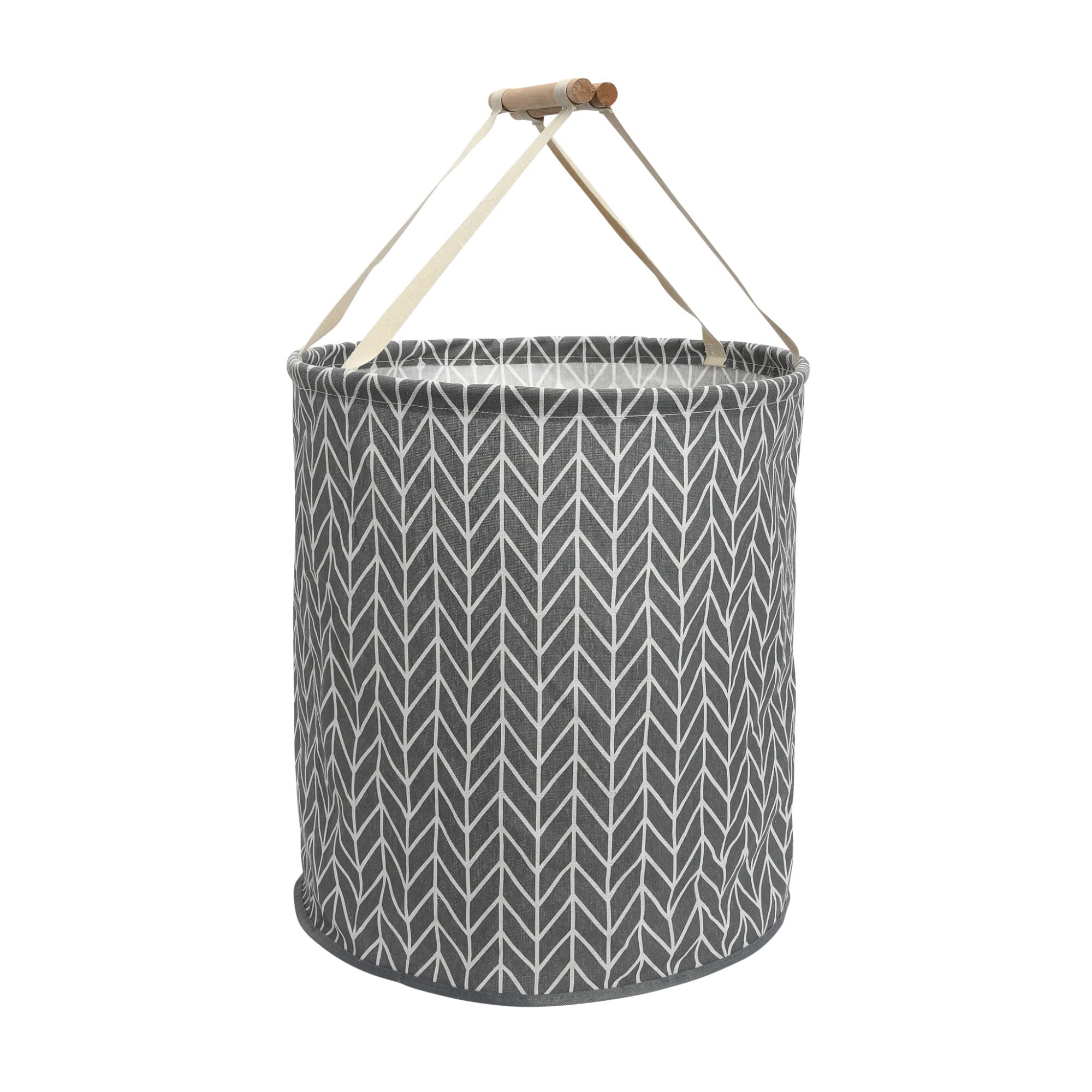 Household Essentials Round Krush Hamper with Wood Dowel Handles, Gray Chevron