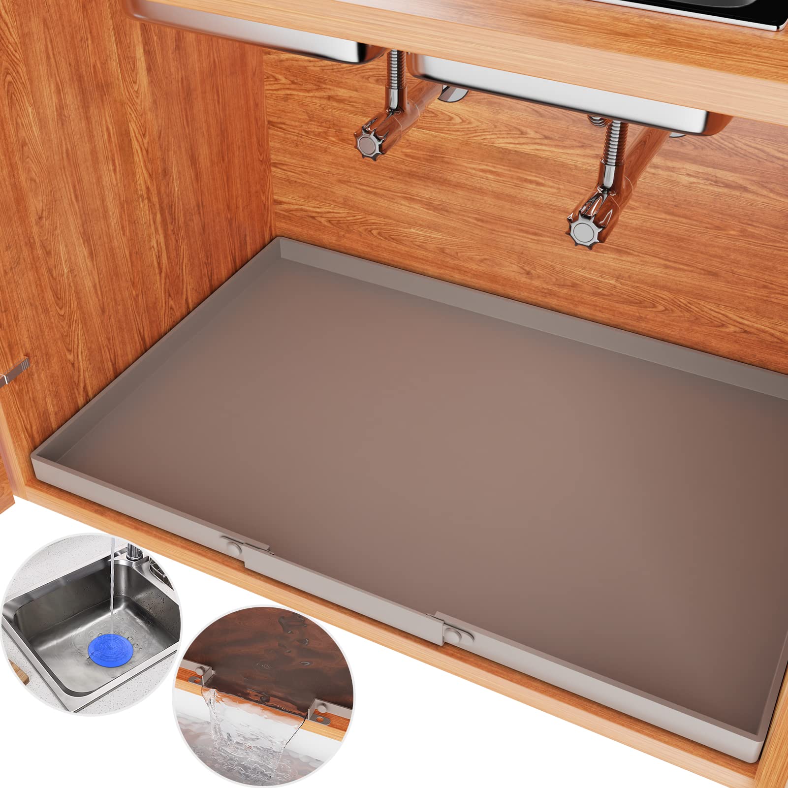 Kitchen Under Sink Mats Waterproof - 34" x 22" Non-Slip Silicone Bathroom Cabinet Drip Tray, Raised Edge Hold up to 3.3 Gallons Liquid Protector for Drips Leaks Spills Liner with Tub Stopper (Brown)