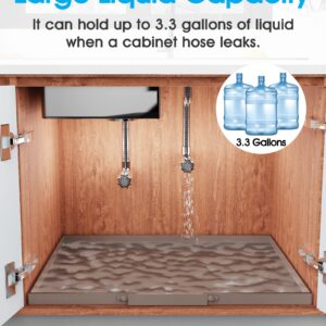 Kitchen Under Sink Mats Waterproof - 34" x 22" Non-Slip Silicone Bathroom Cabinet Drip Tray, Raised Edge Hold up to 3.3 Gallons Liquid Protector for Drips Leaks Spills Liner with Tub Stopper (Brown)