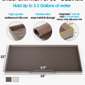 Kitchen Under Sink Mats Waterproof - 34" x 22" Non-Slip Silicone Bathroom Cabinet Drip Tray, Raised Edge Hold up to 3.3 Gallons Liquid Protector for Drips Leaks Spills Liner with Tub Stopper (Brown)