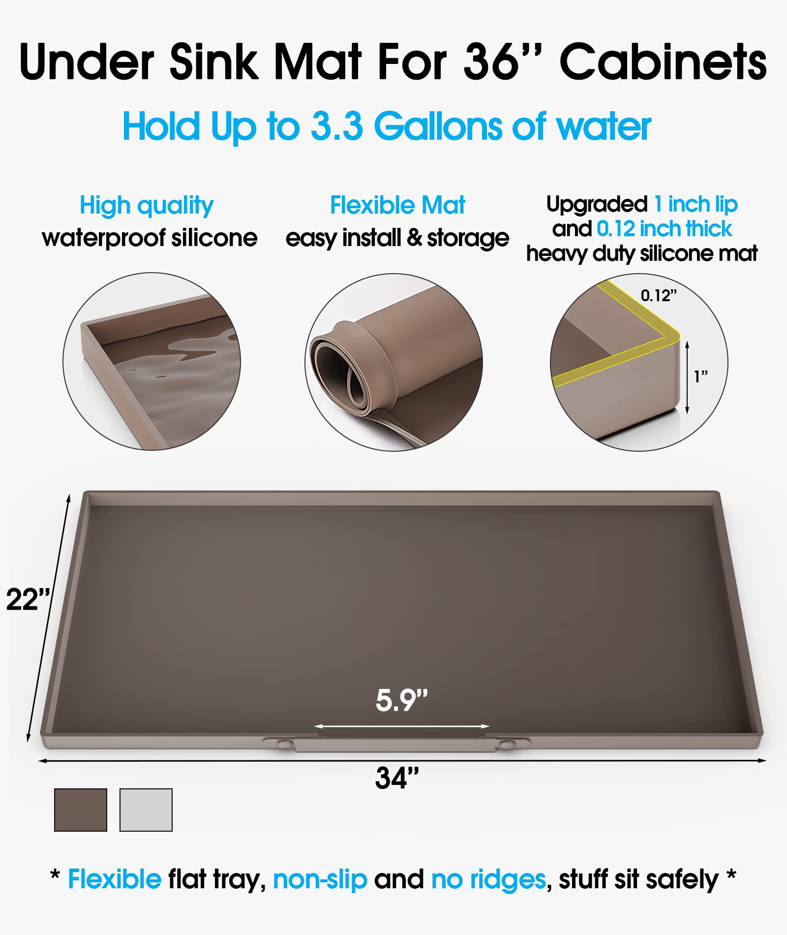 Kitchen Under Sink Mats Waterproof - 34" x 22" Non-Slip Silicone Bathroom Cabinet Drip Tray, Raised Edge Hold up to 3.3 Gallons Liquid Protector for Drips Leaks Spills Liner with Tub Stopper (Brown)