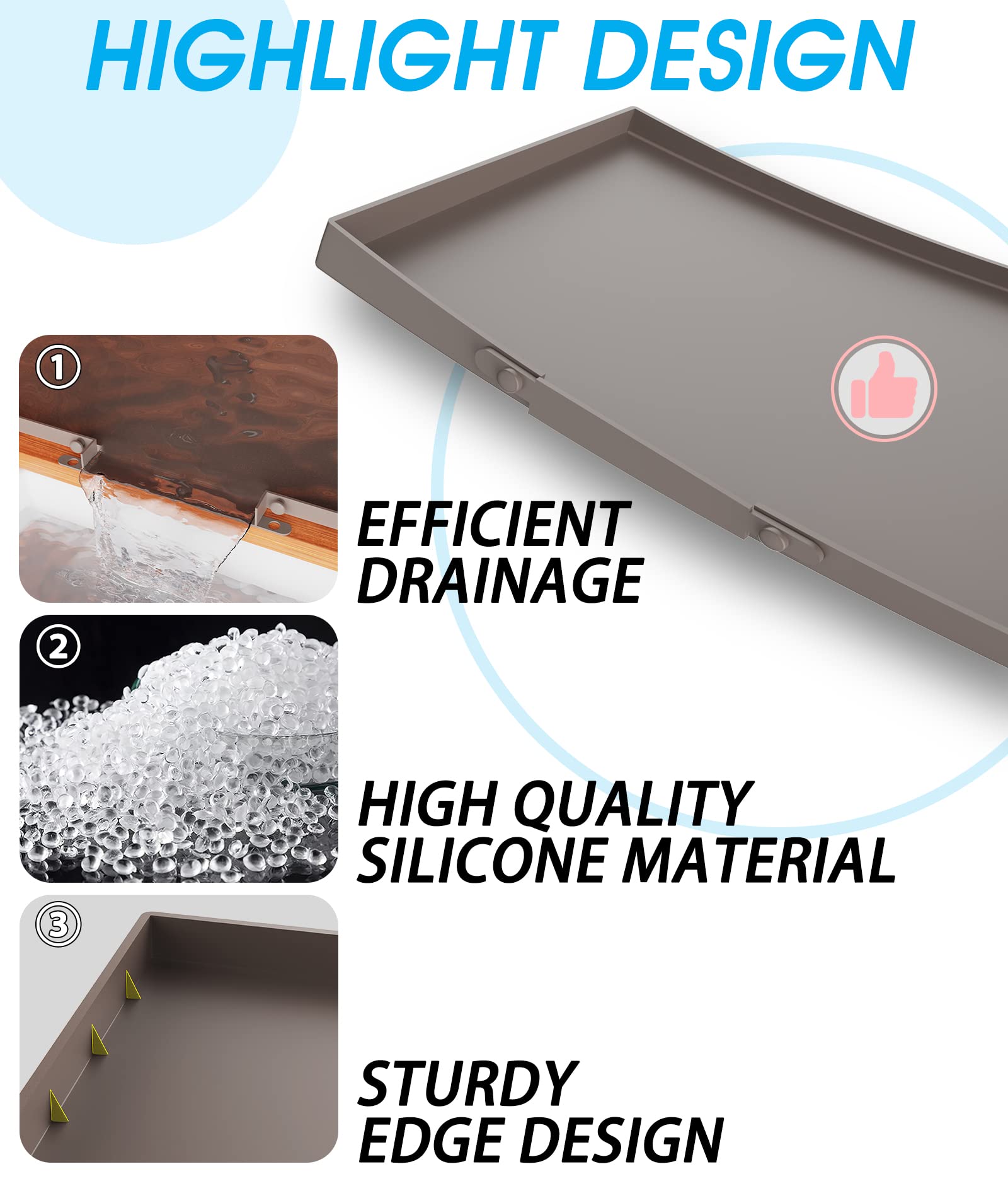 Kitchen Under Sink Mats Waterproof - 34" x 22" Non-Slip Silicone Bathroom Cabinet Drip Tray, Raised Edge Hold up to 3.3 Gallons Liquid Protector for Drips Leaks Spills Liner with Tub Stopper (Brown)