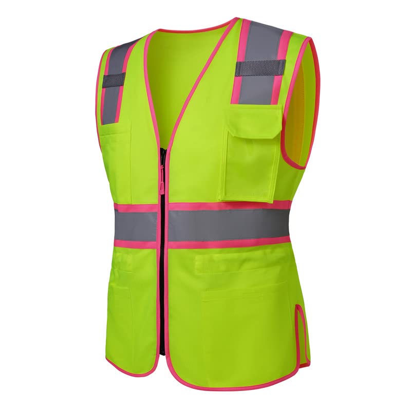 SRsafety Safety Hi-Vis Vest For Women, High Visibility Reflective Breathable Vest For Lady, Durable Zipper ＆ Multi Pockets green S