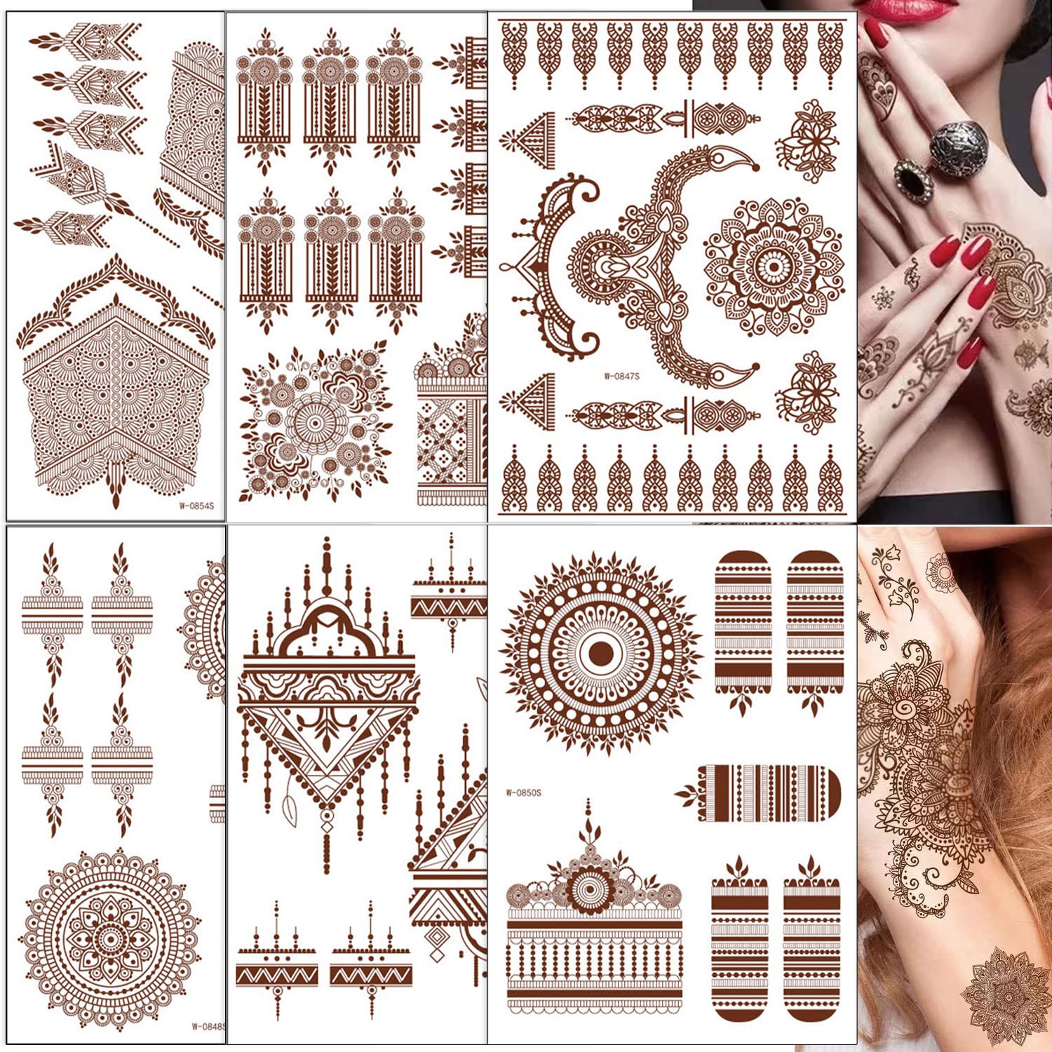 Henna Temporary Tattoo, Flash Bride Wedding Tattoos White Lace Tattoo Waterproof Body Fake Tattoo Henna Tattoo Stickers for Women Festival Clothing Accessories (Brown)