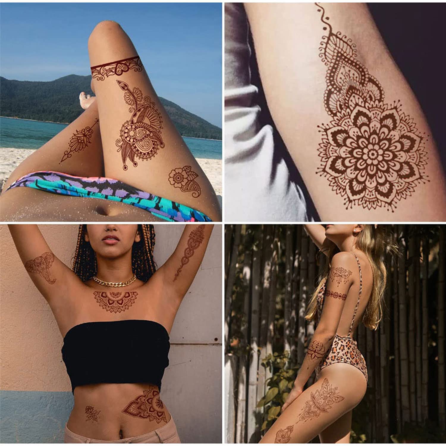 Henna Temporary Tattoo, Flash Bride Wedding Tattoos White Lace Tattoo Waterproof Body Fake Tattoo Henna Tattoo Stickers for Women Festival Clothing Accessories (Brown)