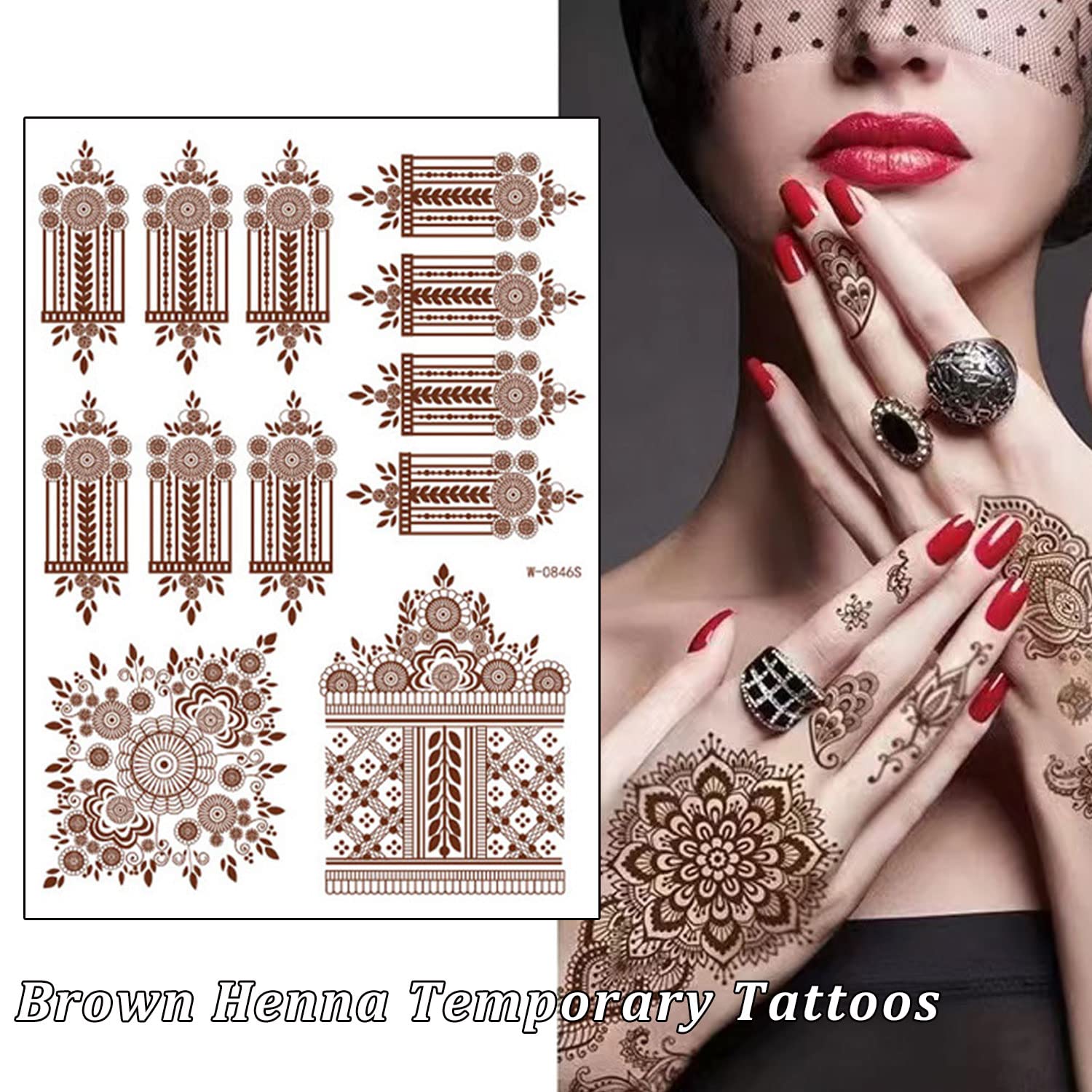 Henna Temporary Tattoo, Flash Bride Wedding Tattoos White Lace Tattoo Waterproof Body Fake Tattoo Henna Tattoo Stickers for Women Festival Clothing Accessories (Brown)