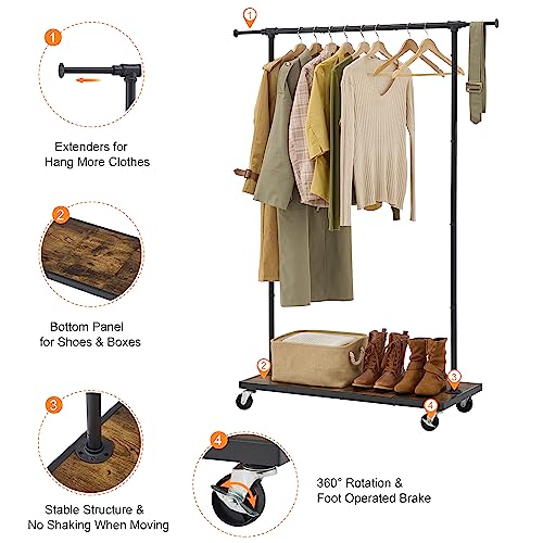 Hoctieon Extensible Clothes Rack,Heavy Duty Clothing Rack,Industrial Pipe Standard Rolling Garment Rack with Shelves,Portable Wardrobe Rack With Wheels