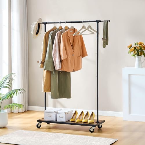 Hoctieon Extensible Clothes Rack,Heavy Duty Clothing Rack,Industrial Pipe Standard Rolling Garment Rack with Shelves,Portable Wardrobe Rack With Wheels