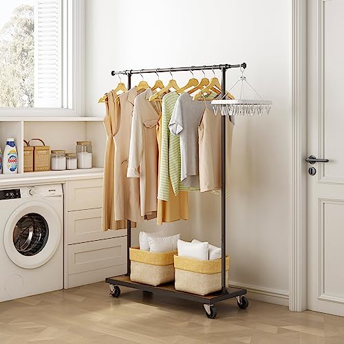 Hoctieon Extensible Clothes Rack,Heavy Duty Clothing Rack,Industrial Pipe Standard Rolling Garment Rack with Shelves,Portable Wardrobe Rack With Wheels