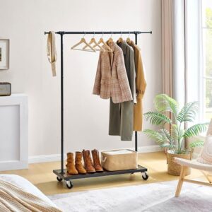 Hoctieon Extensible Clothes Rack,Heavy Duty Clothing Rack,Industrial Pipe Standard Rolling Garment Rack with Shelves,Portable Wardrobe Rack With Wheels