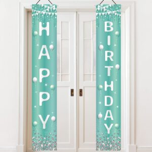 teal sliver happy birthday door banner turquoise rhinestone happy birthday decorations light blue sweet 16 happy 15th 30th 50th birthday poster decorations for women girls boys birthday party supplies