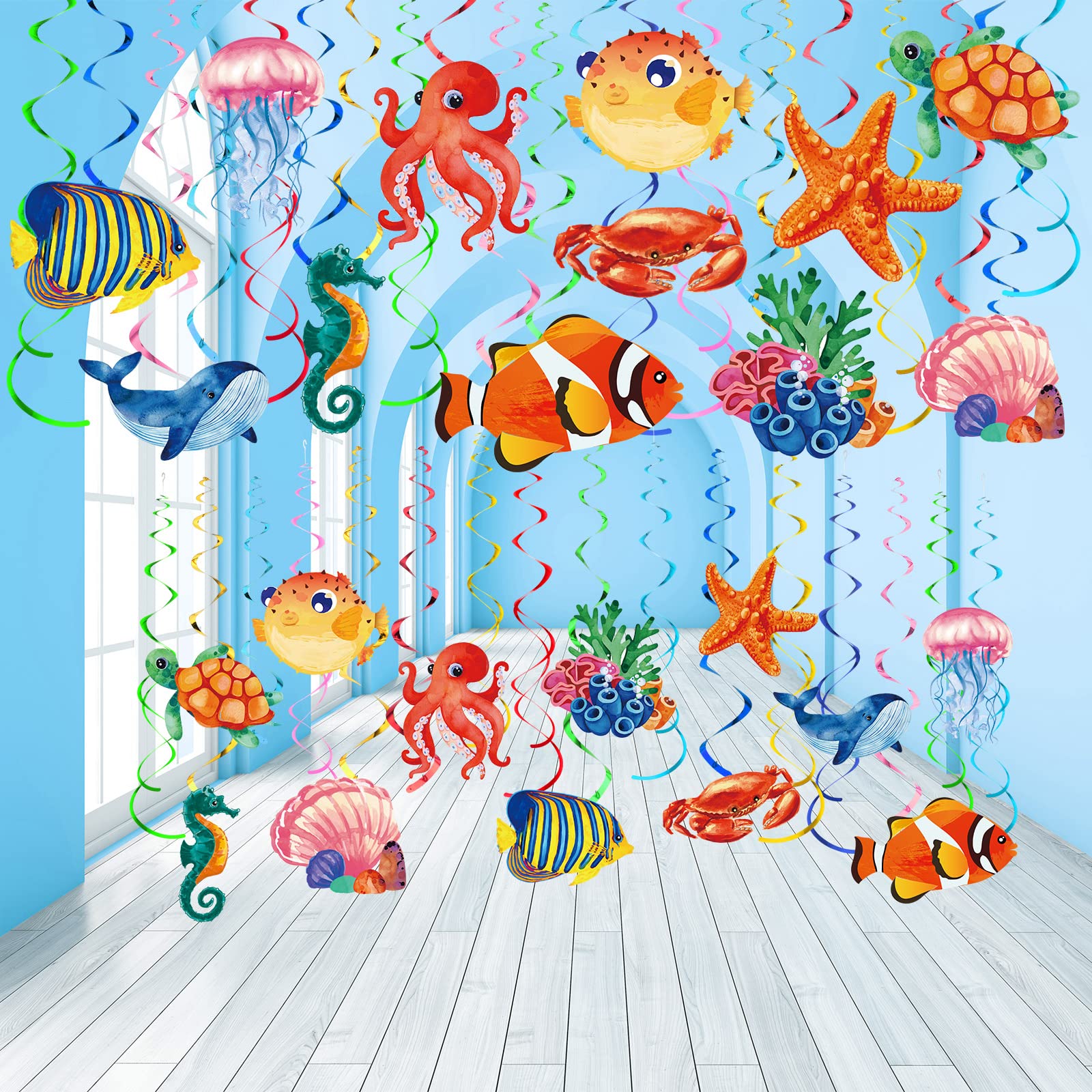 30 Pcs Tropical Fish Hanging Swirls Under the Sea Party Decorations Ceiling Decor for Boys Girls Kids Ocean Themed Party Mermaid Creatures Baby Beach Party Supplies Under the Sea Decor (Mixed Style)